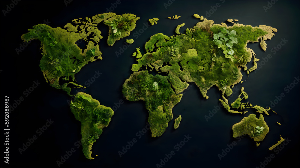 The map of the world made from green leaves and branches on black ...