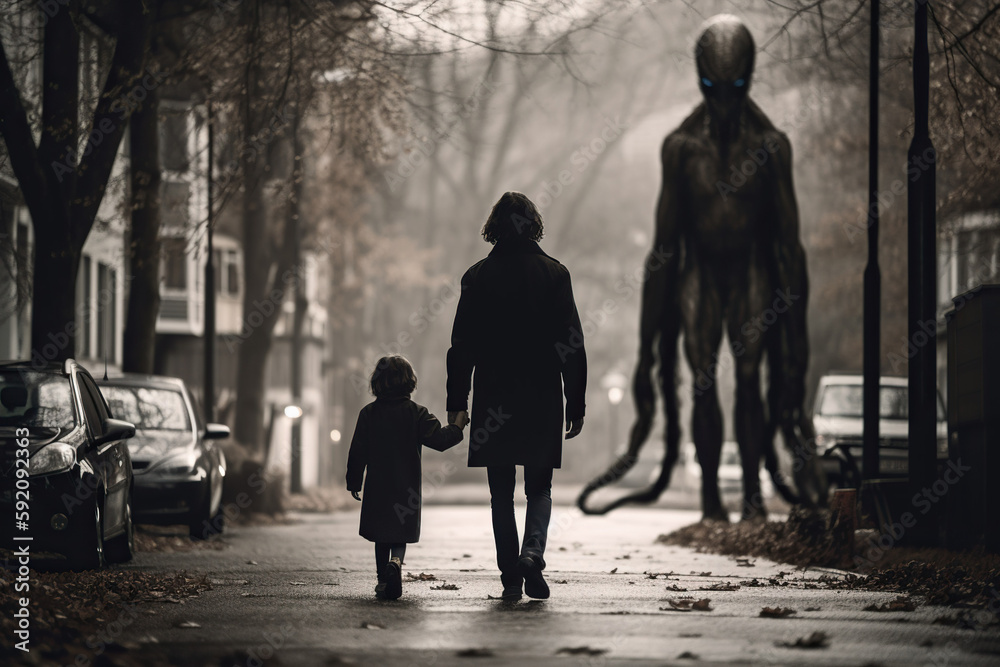 Slender man following child on street back view, created with ...
