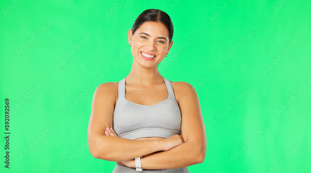 Face, green screen and woman with fitness, arms crossed and training ...