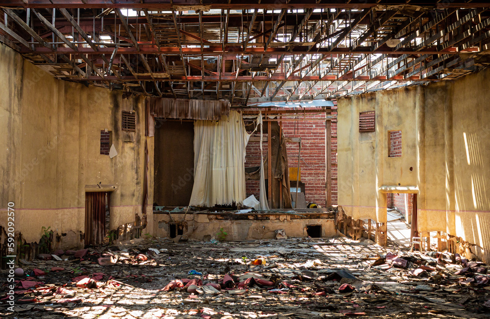 Abandoned, Decaying Movie Theater Building with Collapsed Ceiling and ...
