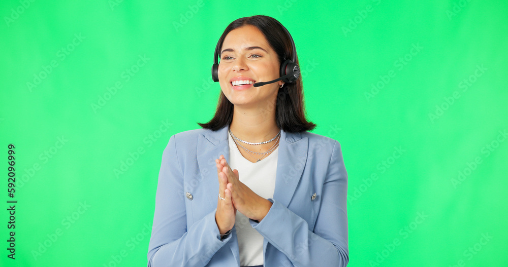 Business woman, call center and consulting on green screen with ...