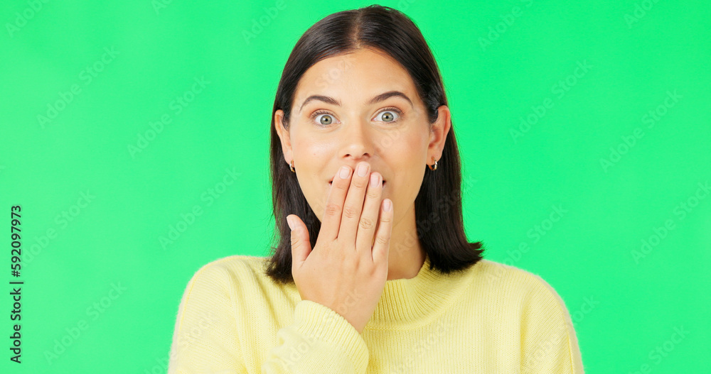 Wow, laughing and face of a woman on green screen isolated on a studio ...