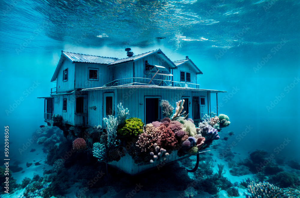 Sunken house under water. Abandoned building at bottom of ocean, sea ...
