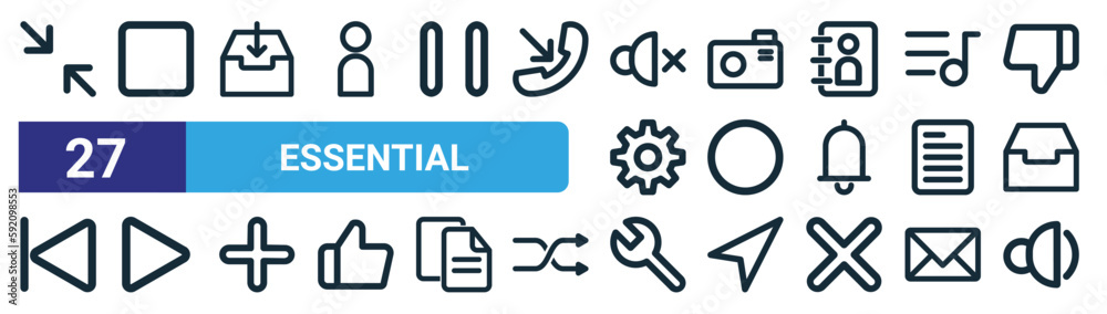 set of 27 outline web essential icons such as minimize, stop button ...
