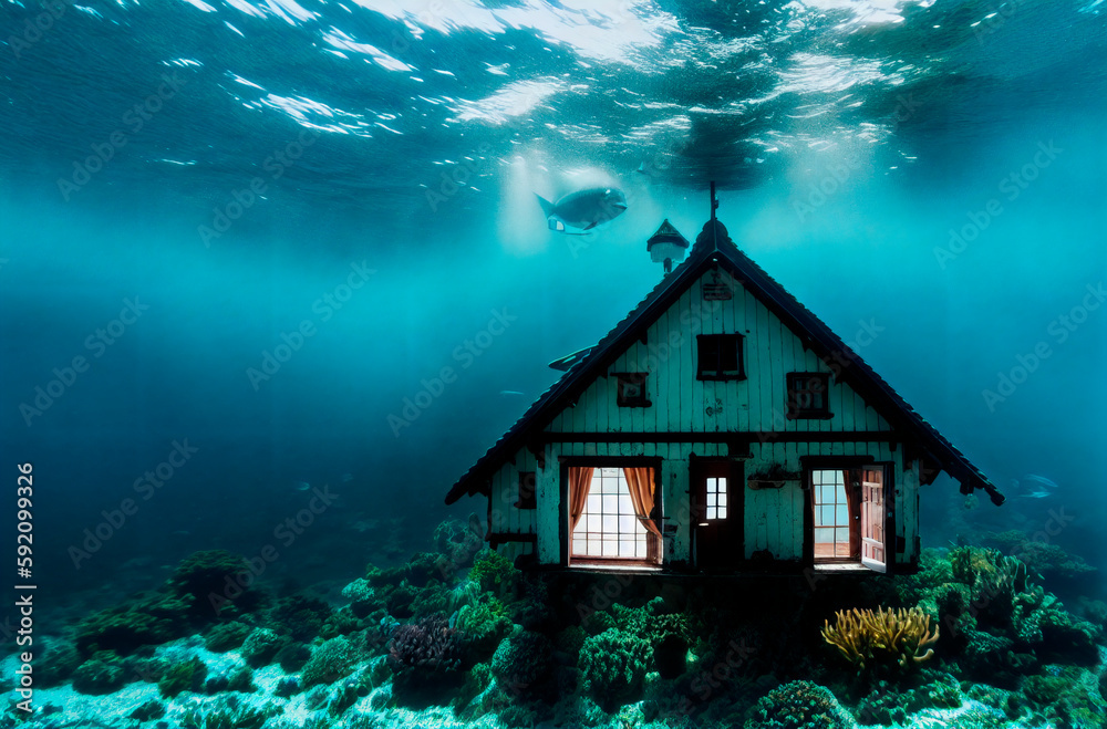House under water. Residential building at bottom of ocean, sea ...