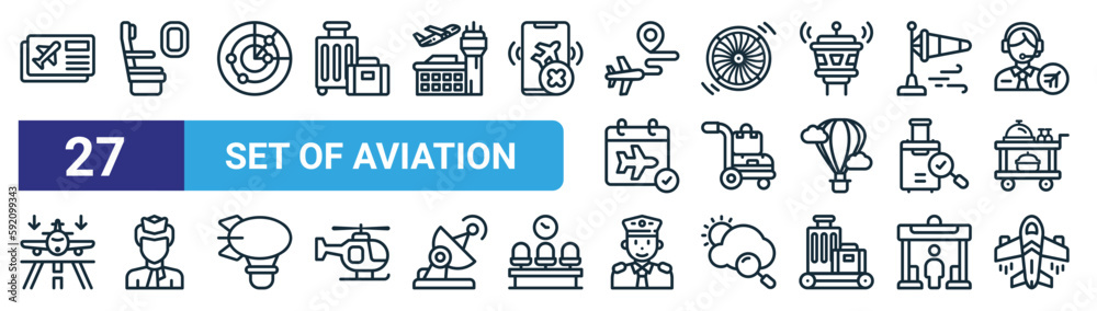 set of 27 outline web set of aviation icons such as boarding, seat ...