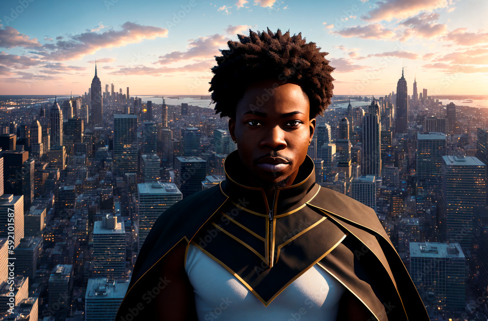 African american superhero. Portrait of black man in fantastic costume ...