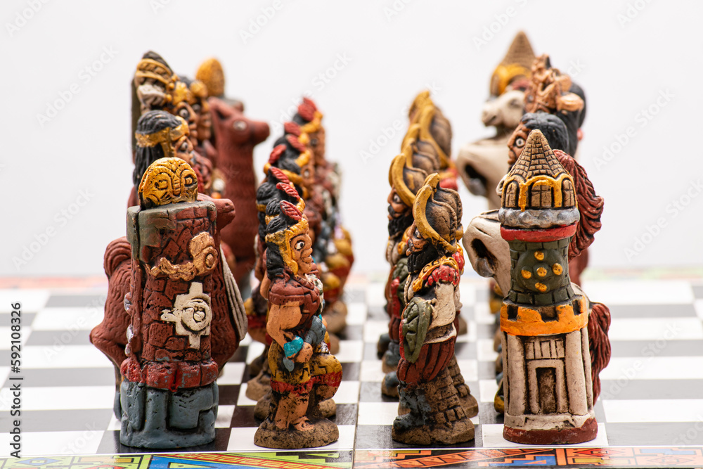 Inca version chess. Incas vs Spanish. Horse and llama on chessboard ...