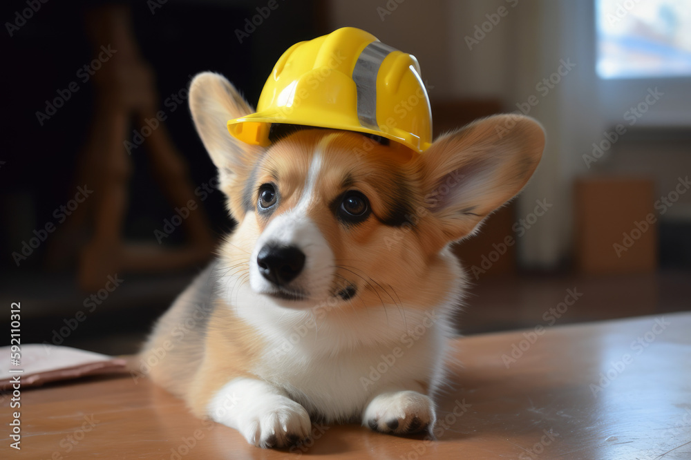 Cute corgi dog in a yellow construction helmet . Created using ...