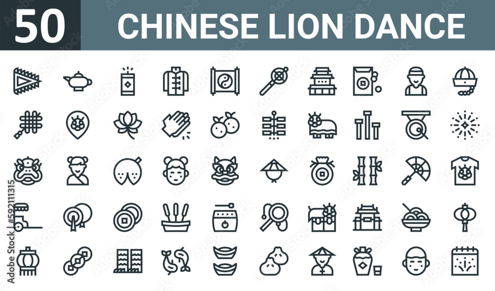 set of 50 outline web chinese lion dance icons such as lion dance ...