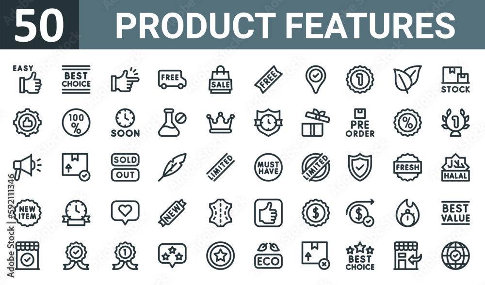 set of 50 outline web product features icons such as easy, best choice ...