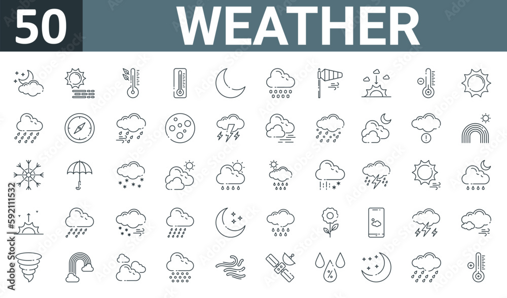 set of 50 outline web weather icons such as cloudy night, haze ...