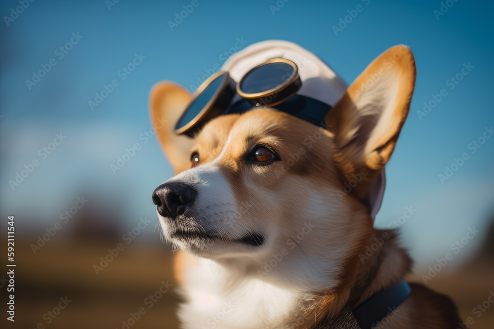 Welsh corgi Pembroke pilot dog in plane with aviation glasses. Creating ...