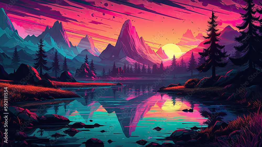 Retrowave neon landscape woods and lake with a view to the sunset the ...