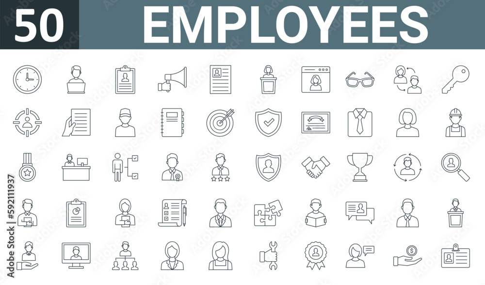 Vetor de set of 50 outline web employees icons such as clock, worker ...