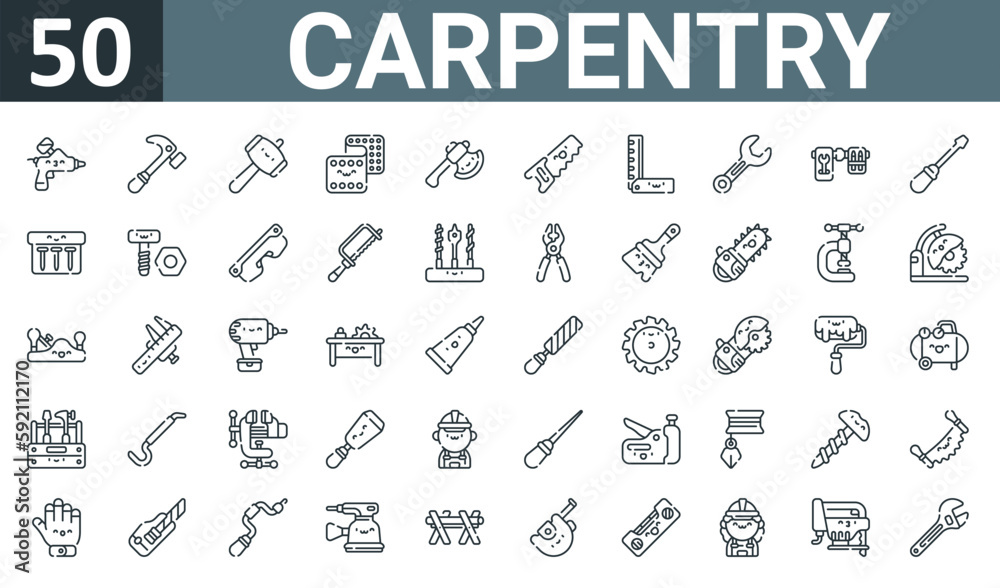 set of 50 outline web carpentry icons such as spray gun, hammer, mallet ...