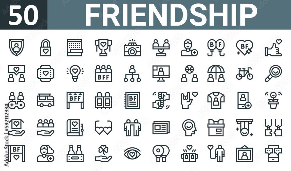 set of 50 outline web friendship icons such as shield, padlock ...