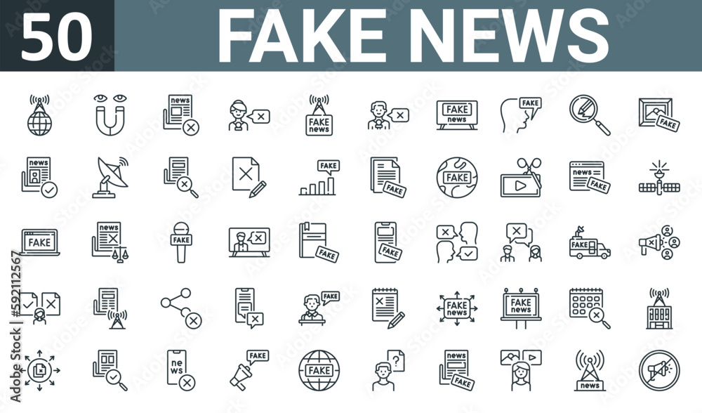 set of 50 outline web fake news icons such as antenna, magnet, news ...