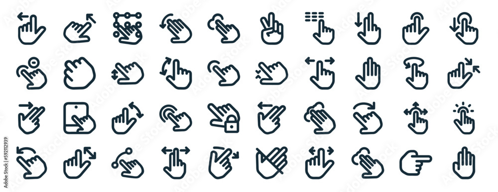set of 40 outline web touch gestures icons such as swipe up, tap, swipe right, rotate, swipe ...