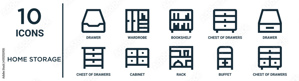 home storage outline icon set includes thin line drawer, bookshelf ...