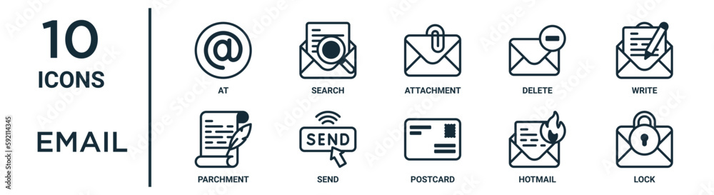 email outline icon set includes thin line at, attachment, write, send ...
