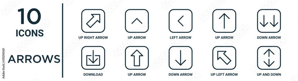 arrows outline icon set includes thin line up right arrow, left arrow, down arrow, up up left ...