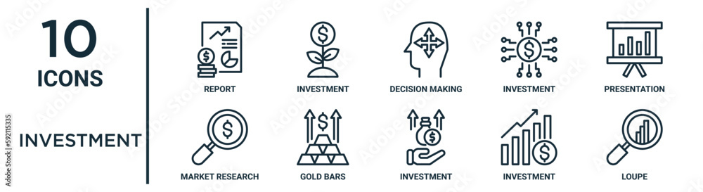 investment outline icon set includes thin line report, decision making ...