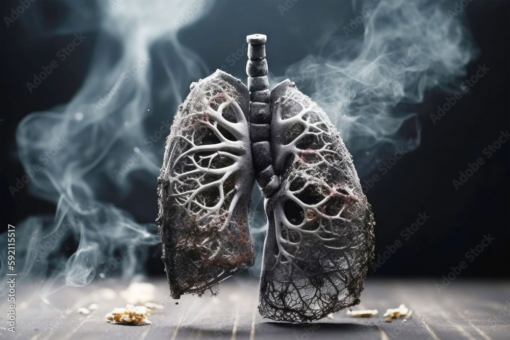 Smoky Lungs of sick person from which tobacco smoke comes, a diseased ...
