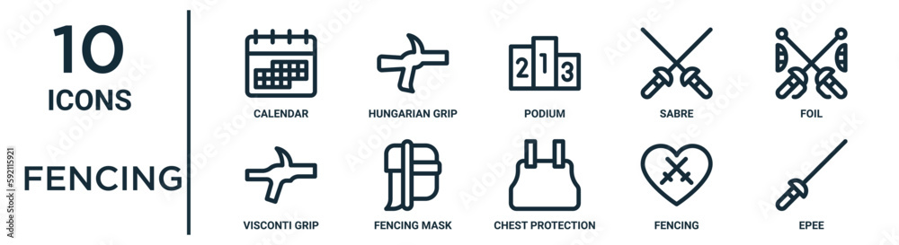 fencing outline icon set includes thin line calendar, podium, foil ...