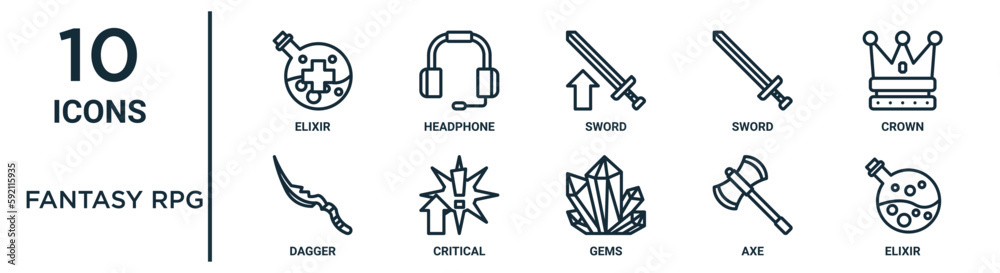 fantasy rpg outline icon set includes thin line elixir, sword, crown ...