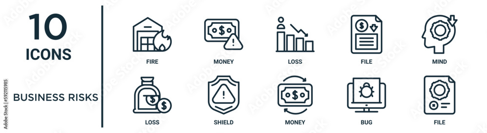 business risks outline icon set includes thin line fire, loss, mind ...