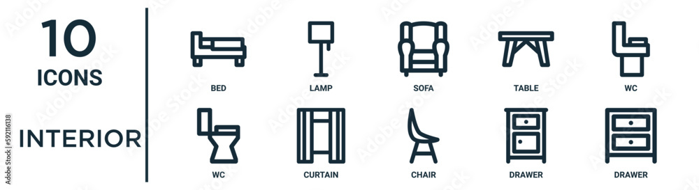 interior outline icon set includes thin line bed, sofa, wc, curtain ...