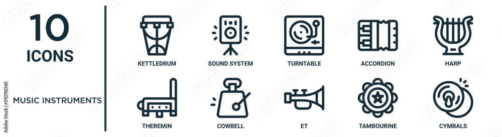 music instruments outline icon set includes thin line kettledrum ...