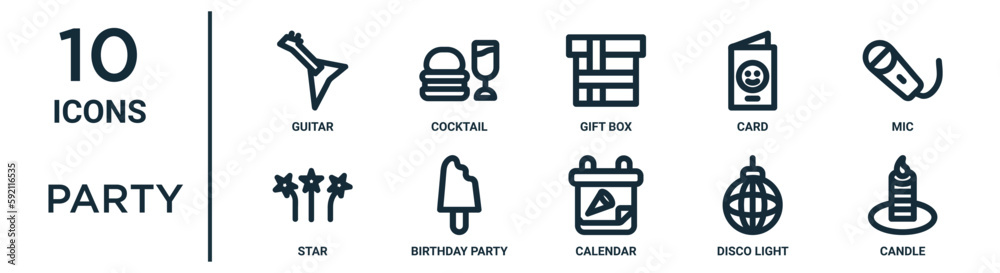 party outline icon set includes thin line guitar, gift box, mic ...
