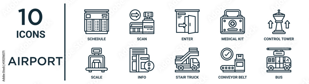 airport outline icon set includes thin line schedule, enter, control ...