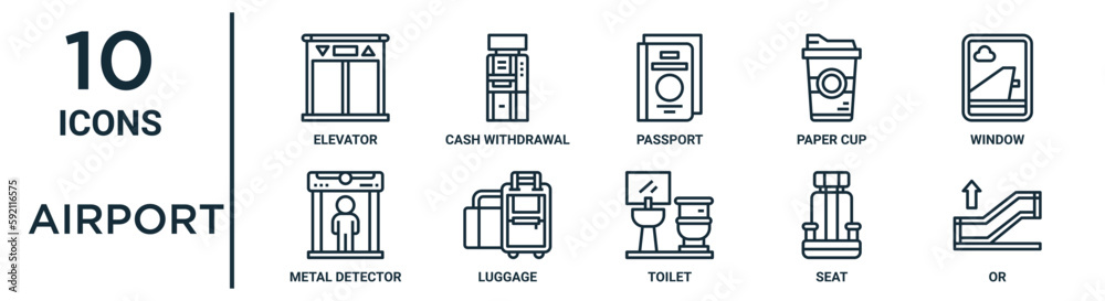 airport outline icon set includes thin line elevator, passport, window, luggage, seat, or, metal ...