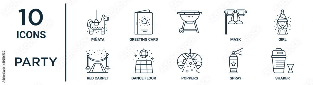 party outline icon set includes thin line pi?ata, , girl, dance floor ...