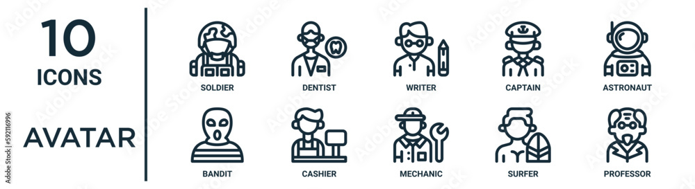 avatar outline icon set includes thin line soldier, writer, astronaut ...