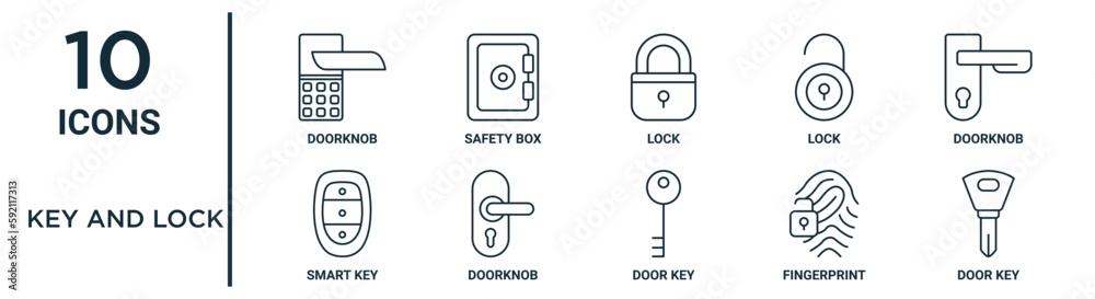 key and lock outline icon set includes thin line doorknob, lock ...