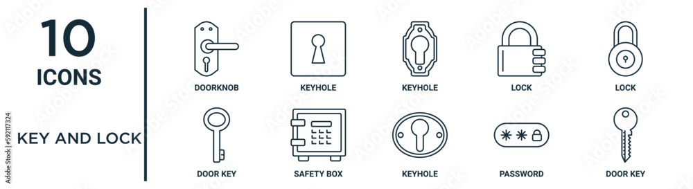 key and lock outline icon set includes thin line doorknob, keyhole ...