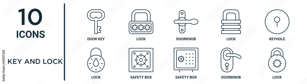key and lock outline icon set includes thin line door key, doorknob ...