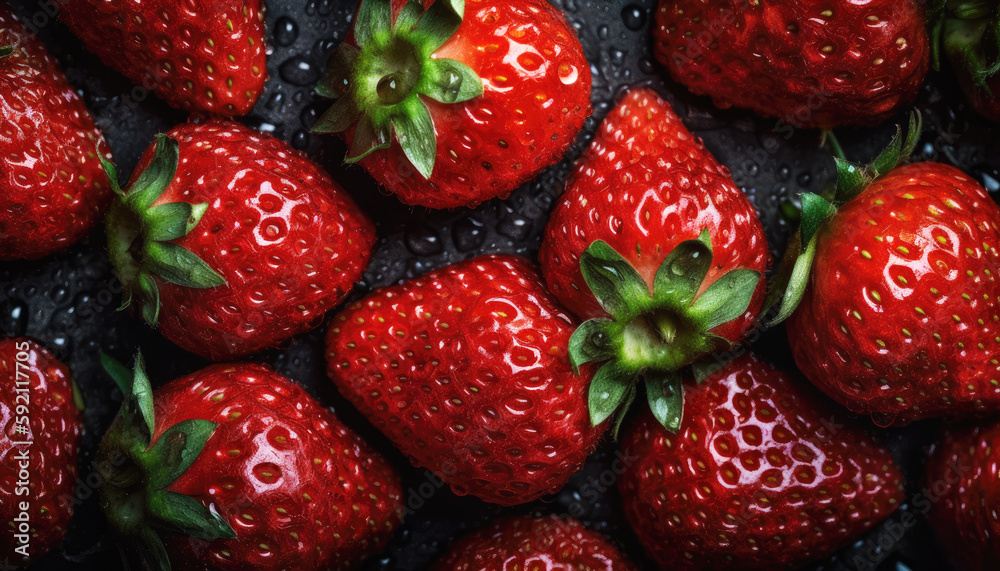 Close up of clean red Strawberries with water drop in dark black ...