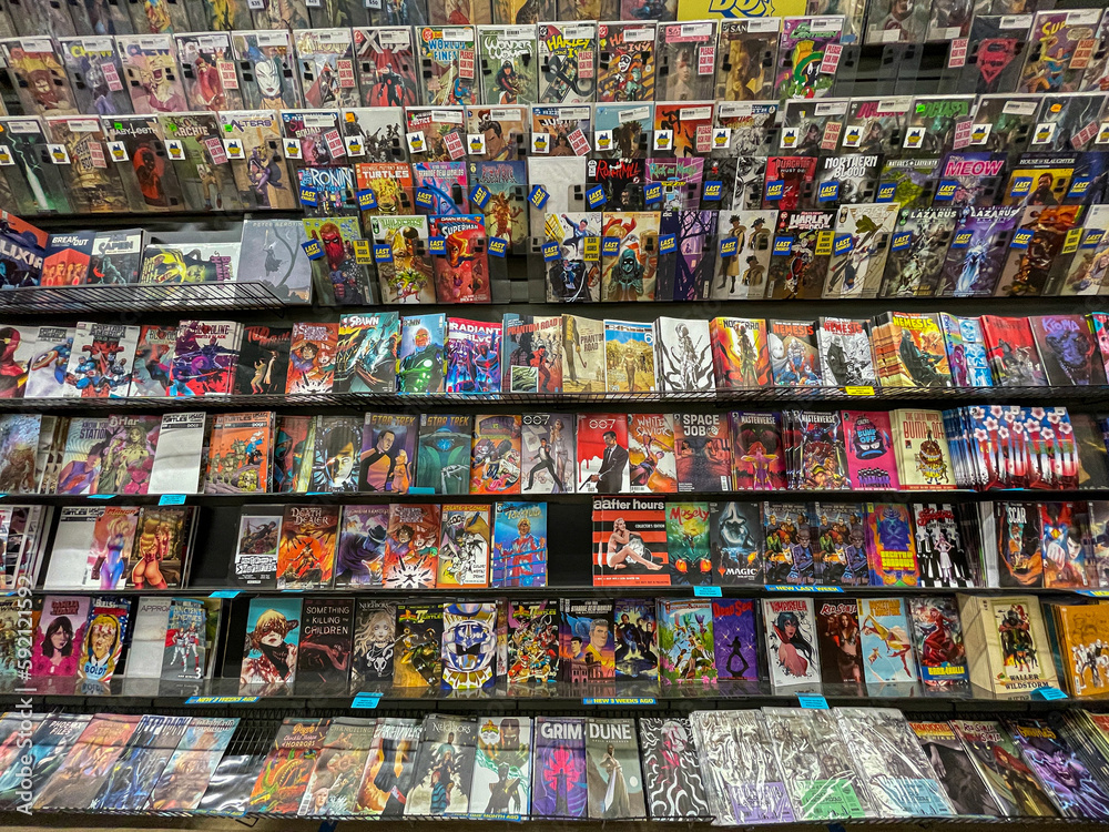 Variety of comic book titles available for sale at Midtown Comics store ...