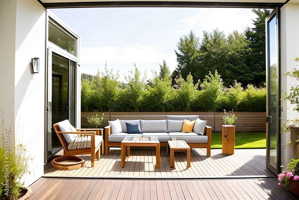 Trendy outdoor patio, cosy terrace with furniture, generative ai image ...
