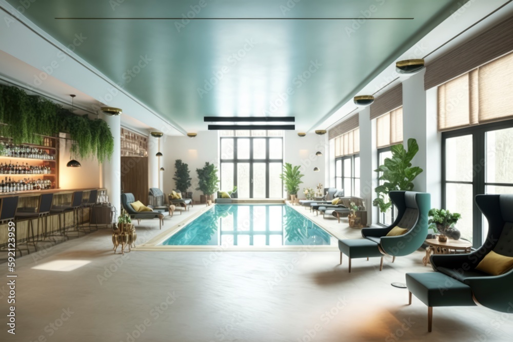 futuristic luxury pool lobby, bright interior with long entrance ...