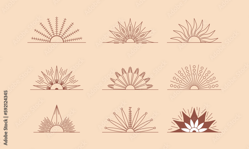 Vector set of linear boho icons and symbols - sun logo design templates ...