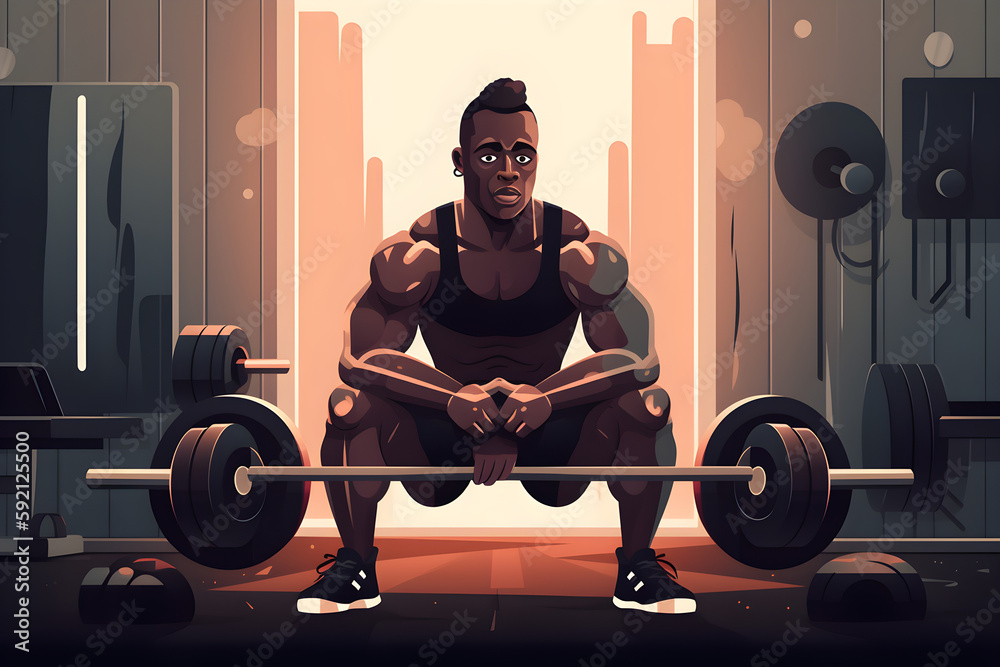 Flat vector illustration Black man with a row of dumbbells and training ...