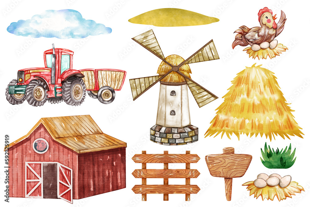 Farm watercolor clipart Set, Farm animals elements, Watercolor ...