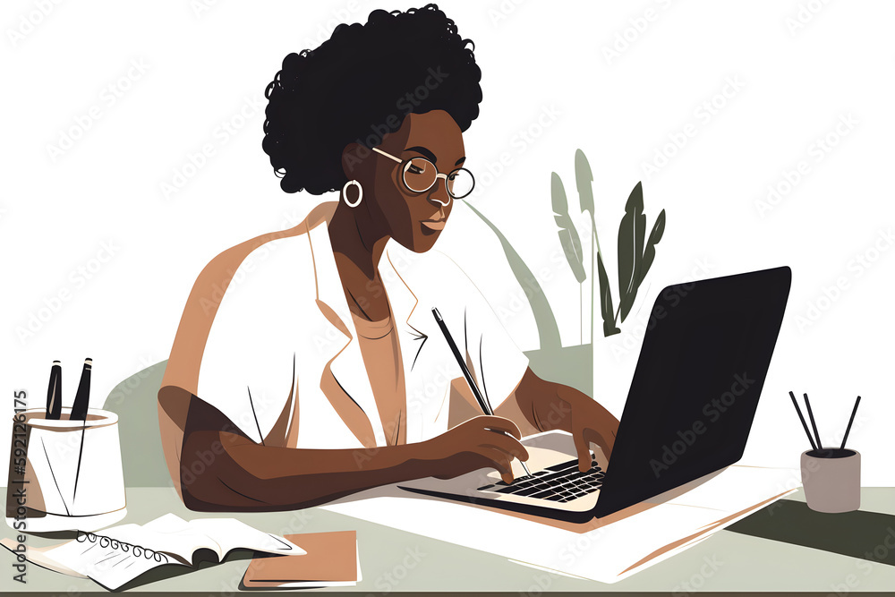 Flat vector illustration Black woman, laptop and doctor writing in ...