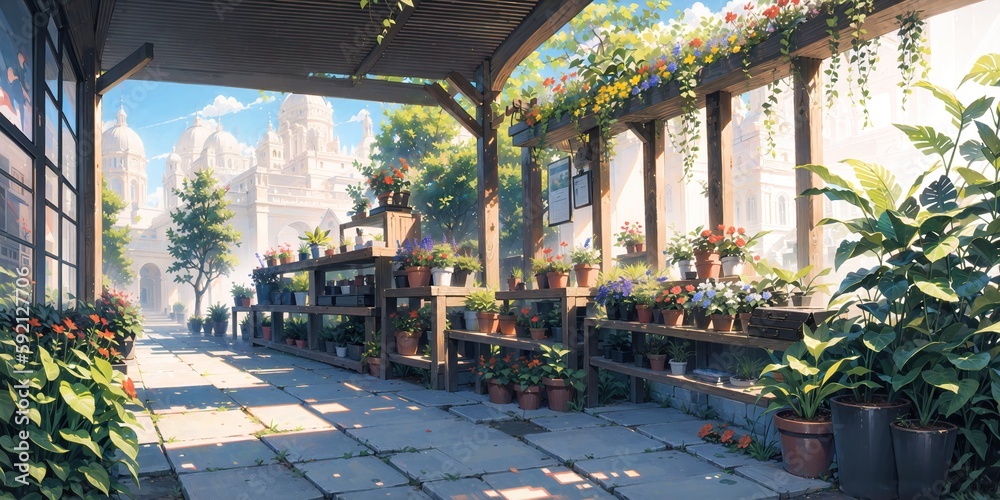 anime style background, landscape, park, greenhouse, garden, backyard ...
